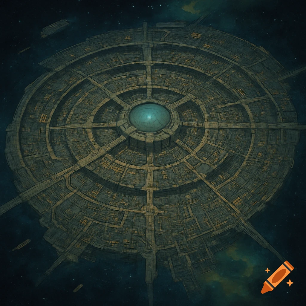 Top-down view of a massive circular space station colony map in space ...