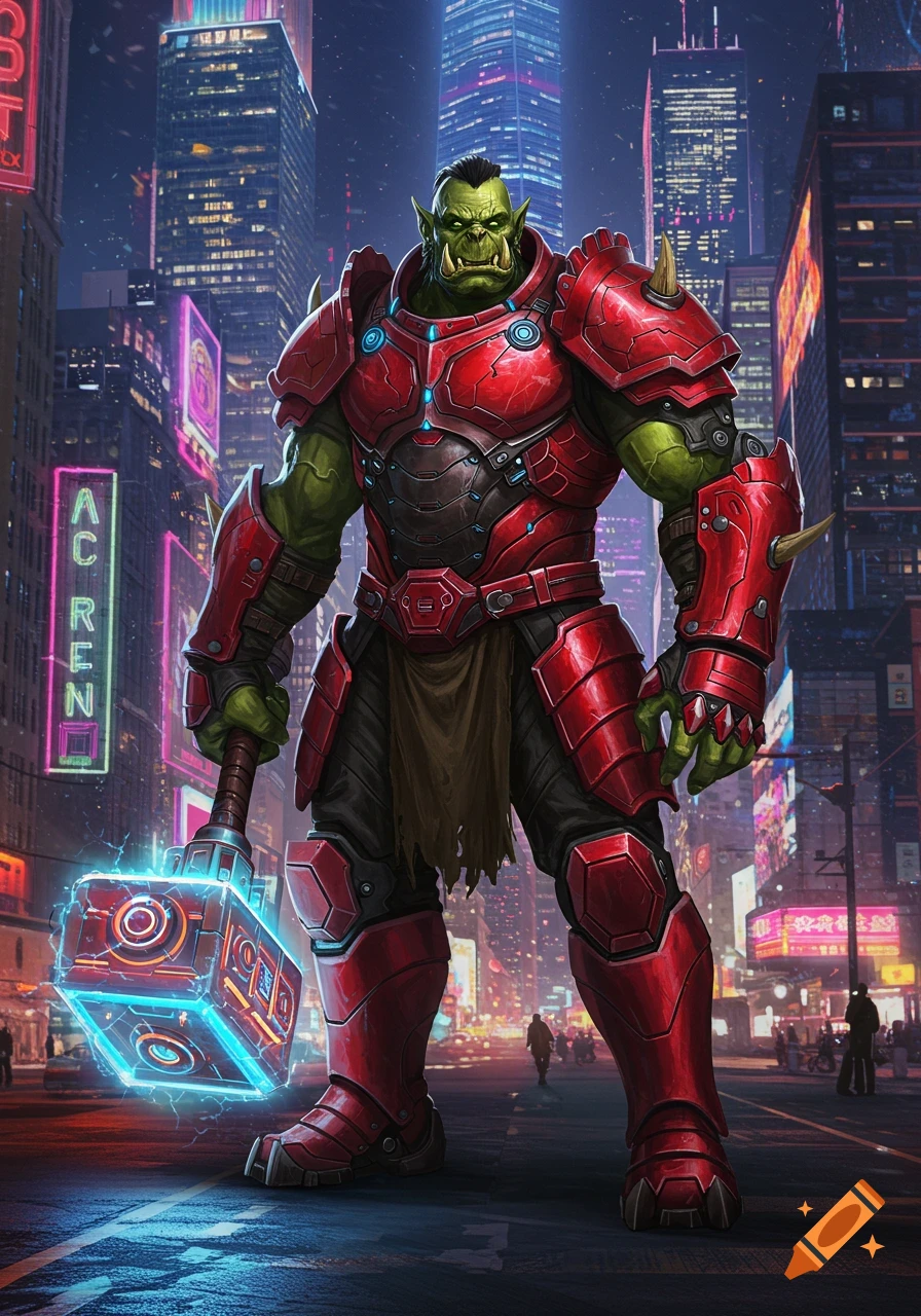 A large orc in red high-tech armor holds a glowing warhammer in a ...