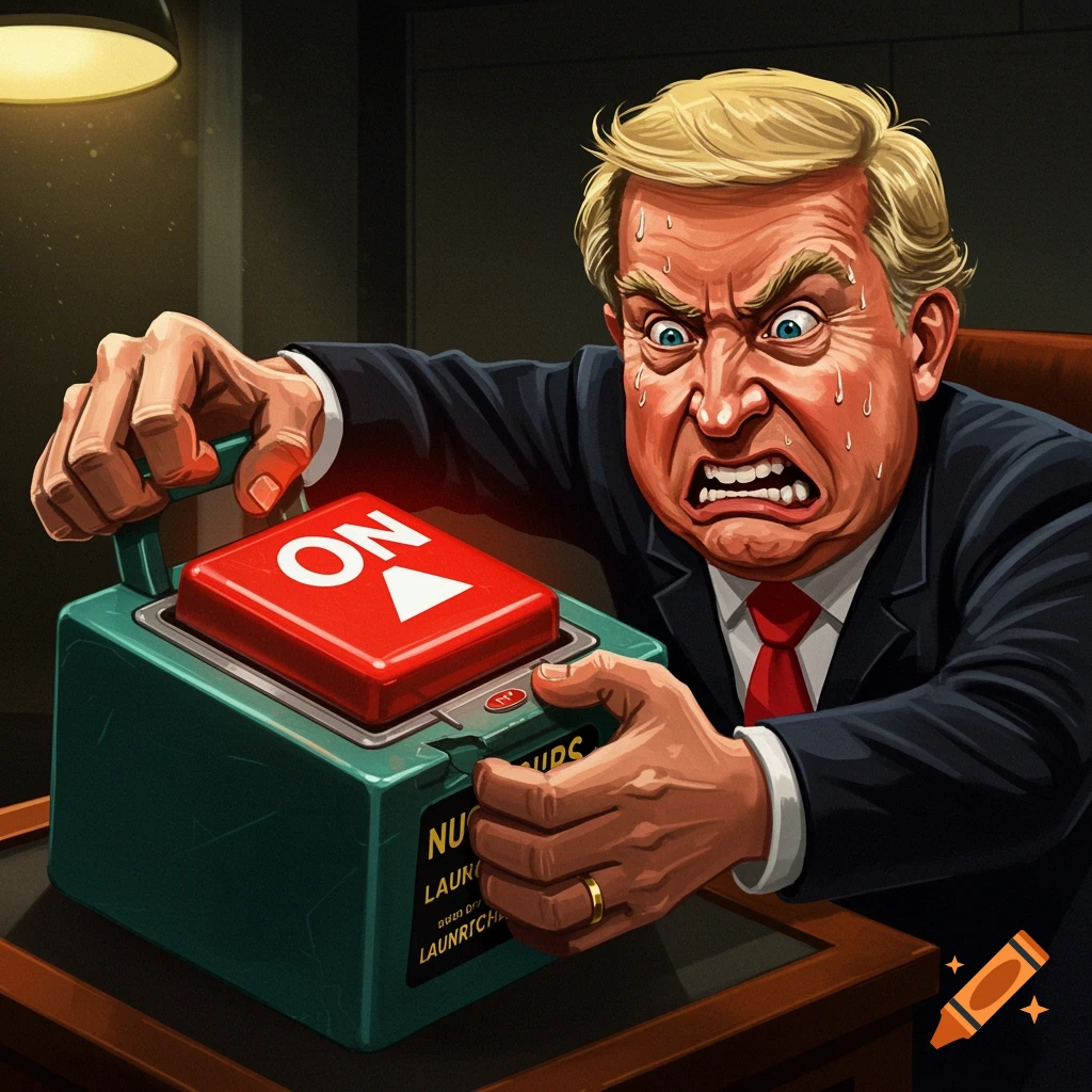 Cartoon caricature of sweating politician about to press a large red ...