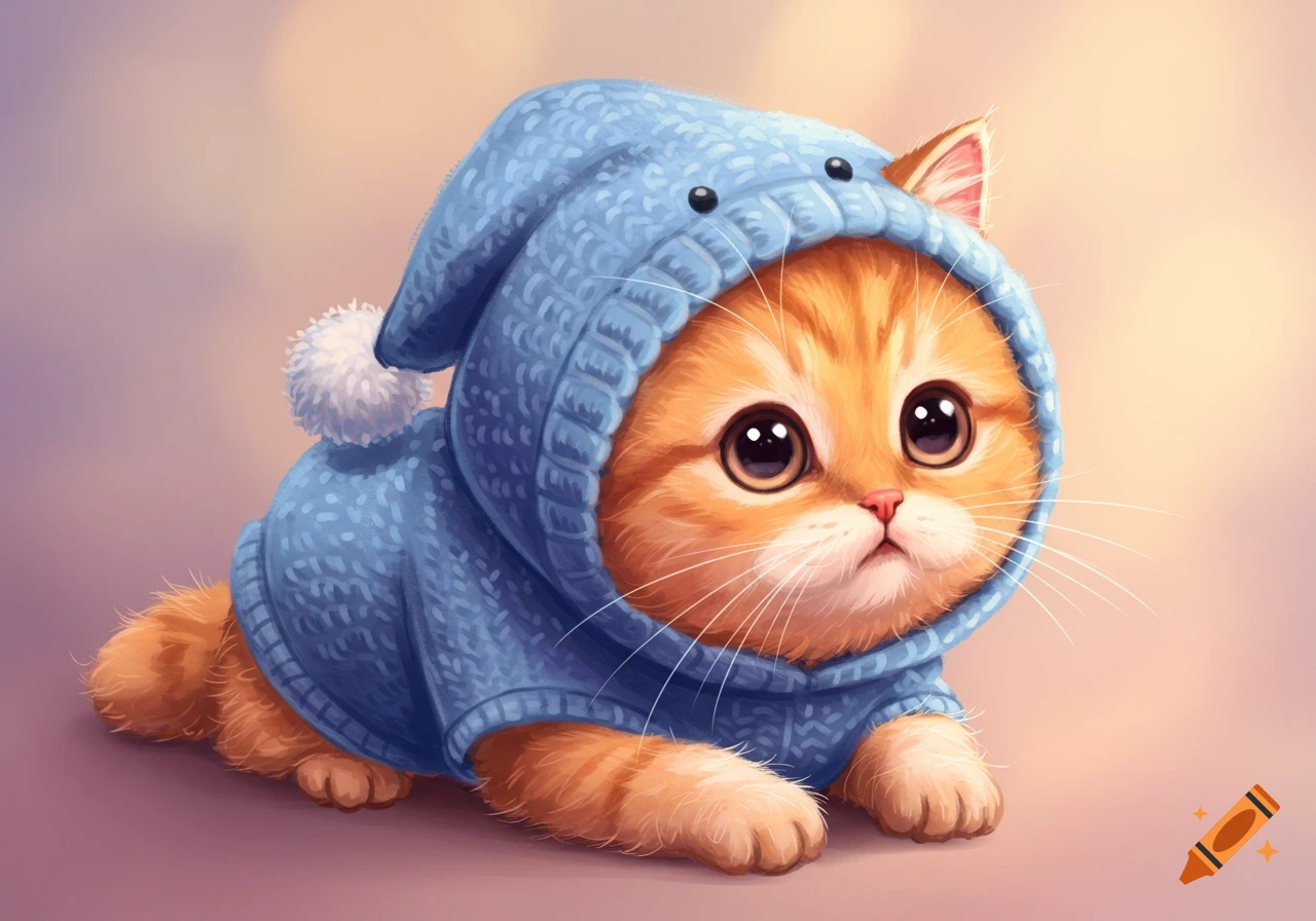 Cute illustrated orange tabby kitten wearing a blue hooded sweater. on Craiyon