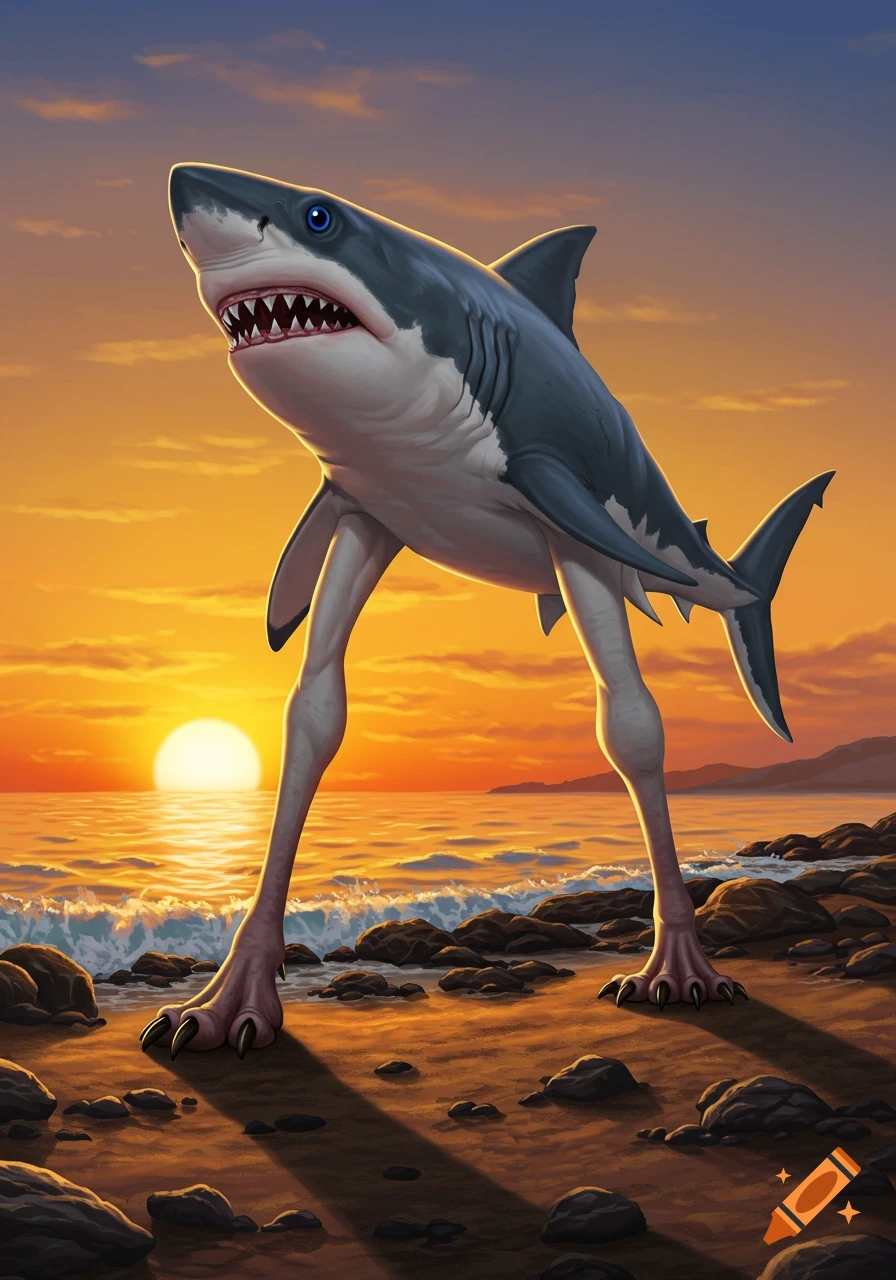 A large great white shark with long, thin human legs stands on a beach ...