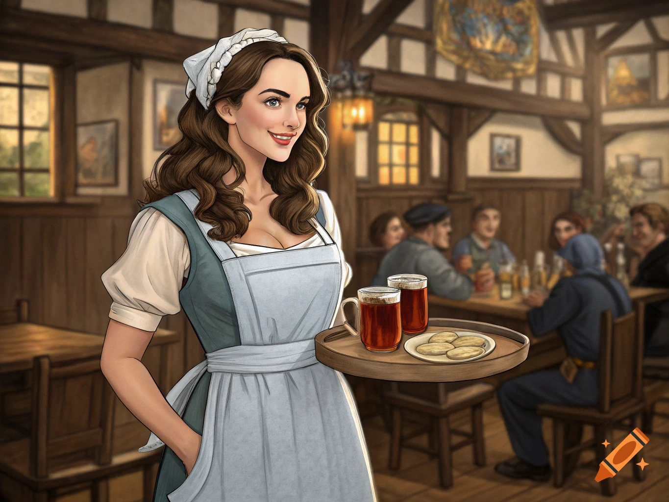 Medieval barmaid holds a tray with two mugs of drink and cookies in a ...