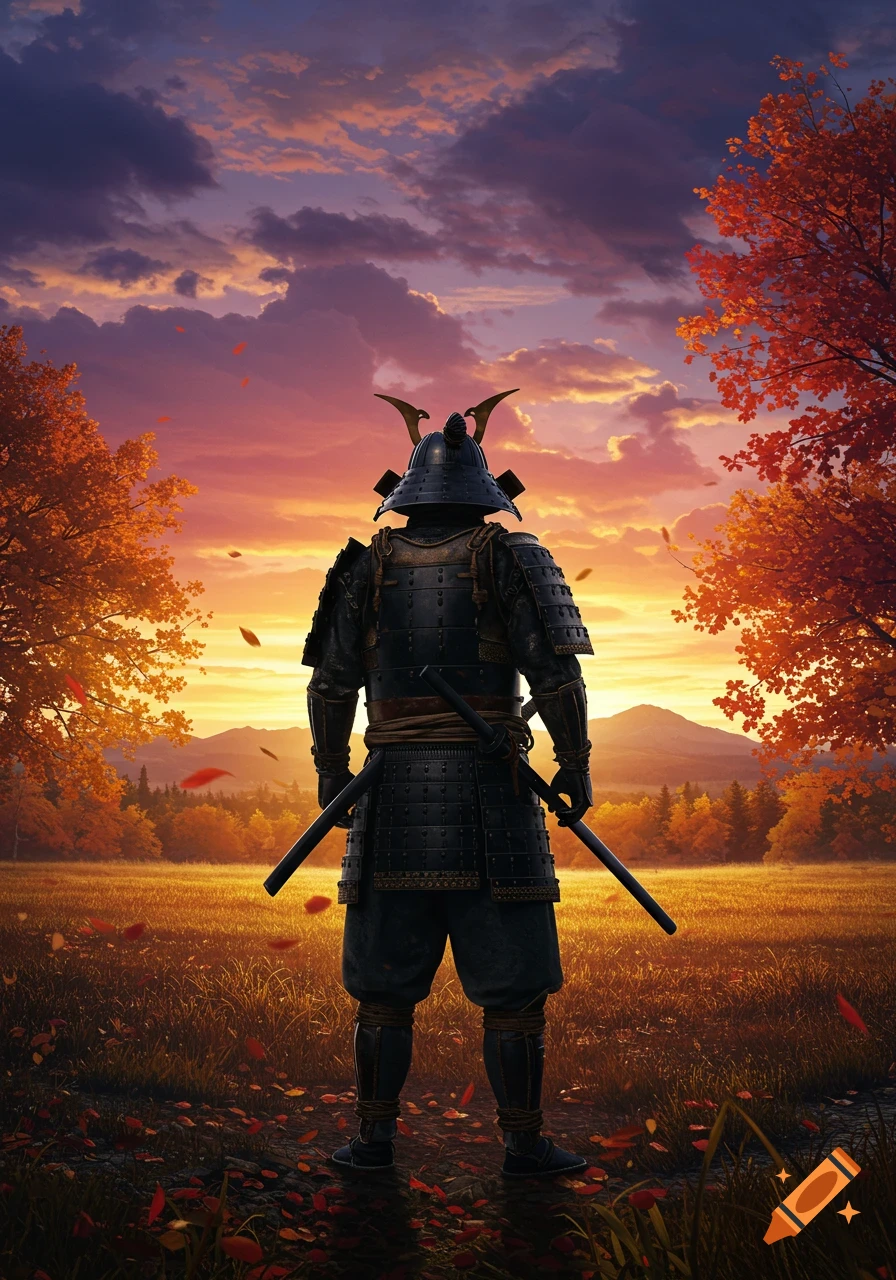 Samurai warrior stands in a field at sunset with autumn trees on Craiyon
