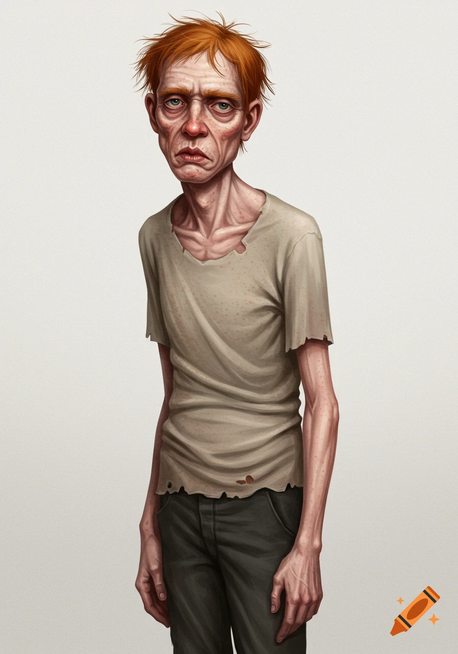 Illustration of a gaunt man with red hair wearing a torn t-shirt. on ...