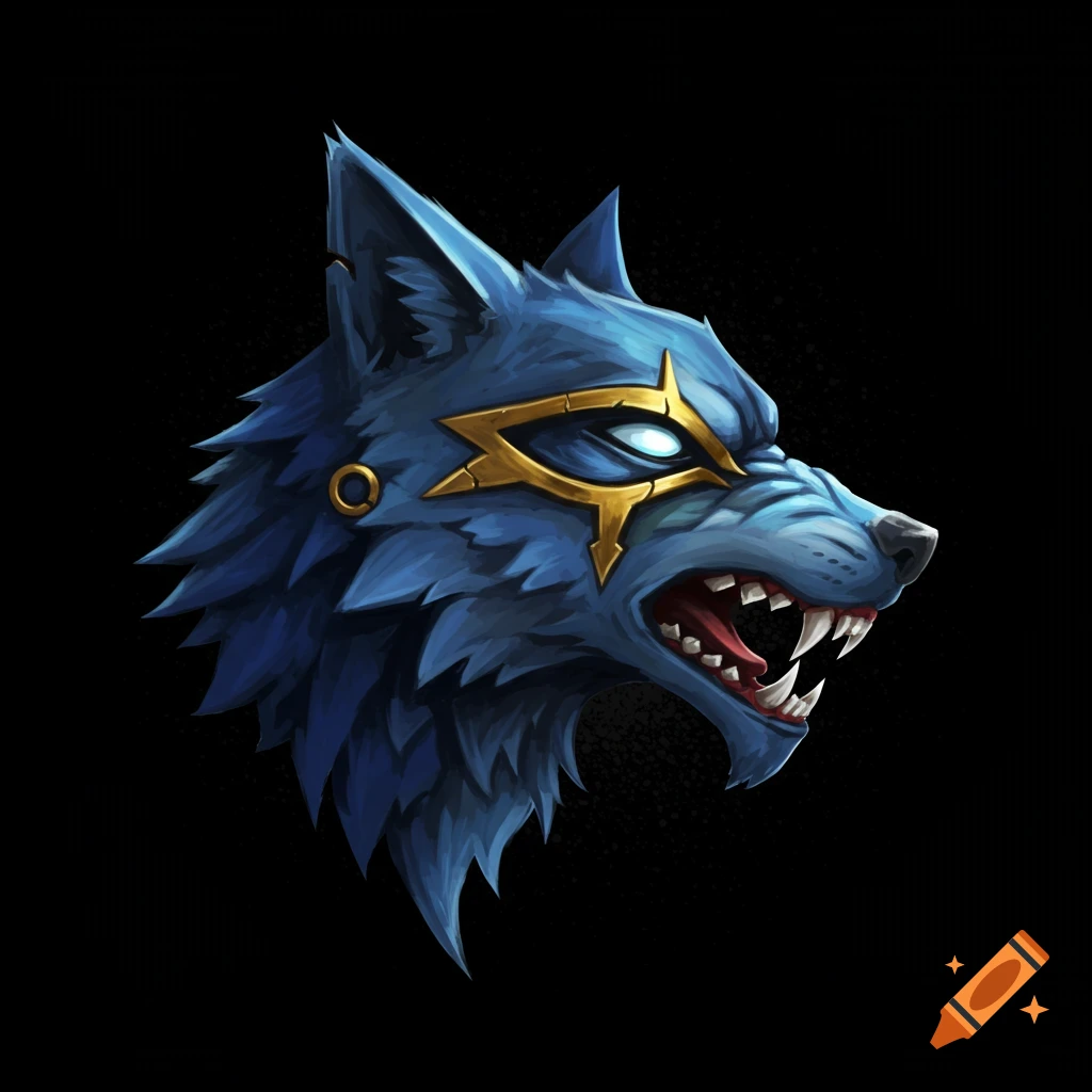 Stylized blue wolf head profile with bared teeth and a golden eye ...