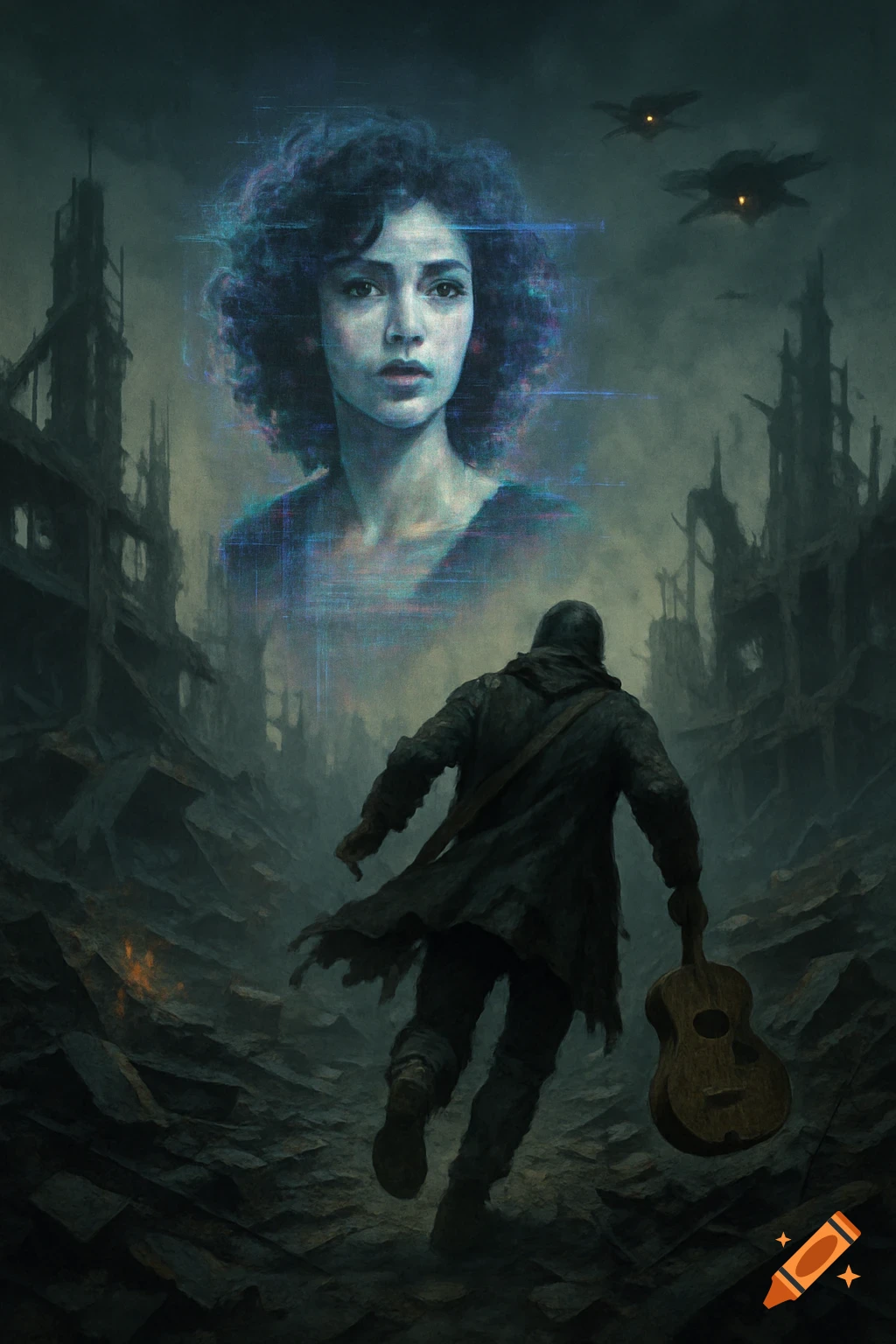 A figure with a guitar looks up at a large holographic face hovering ...