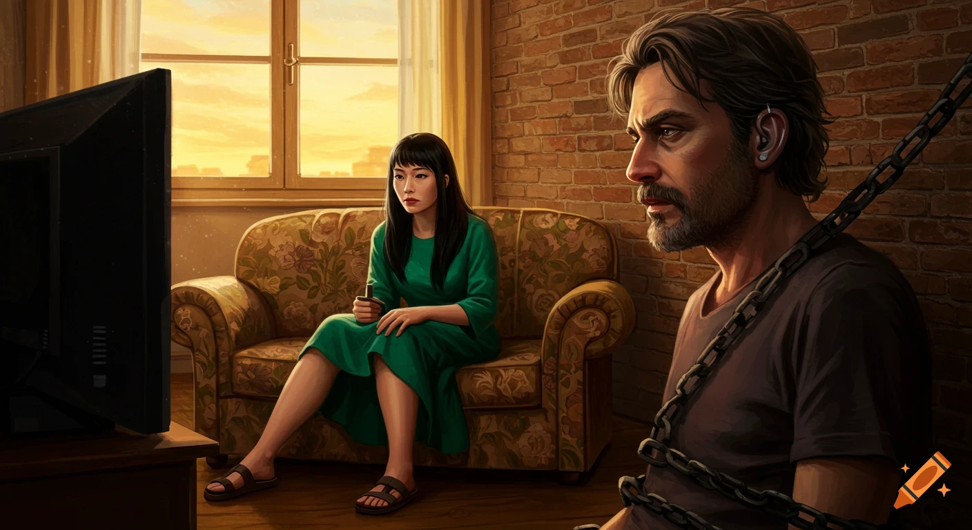 Painting of a man in chains and a woman watching TV on a couch in a ...