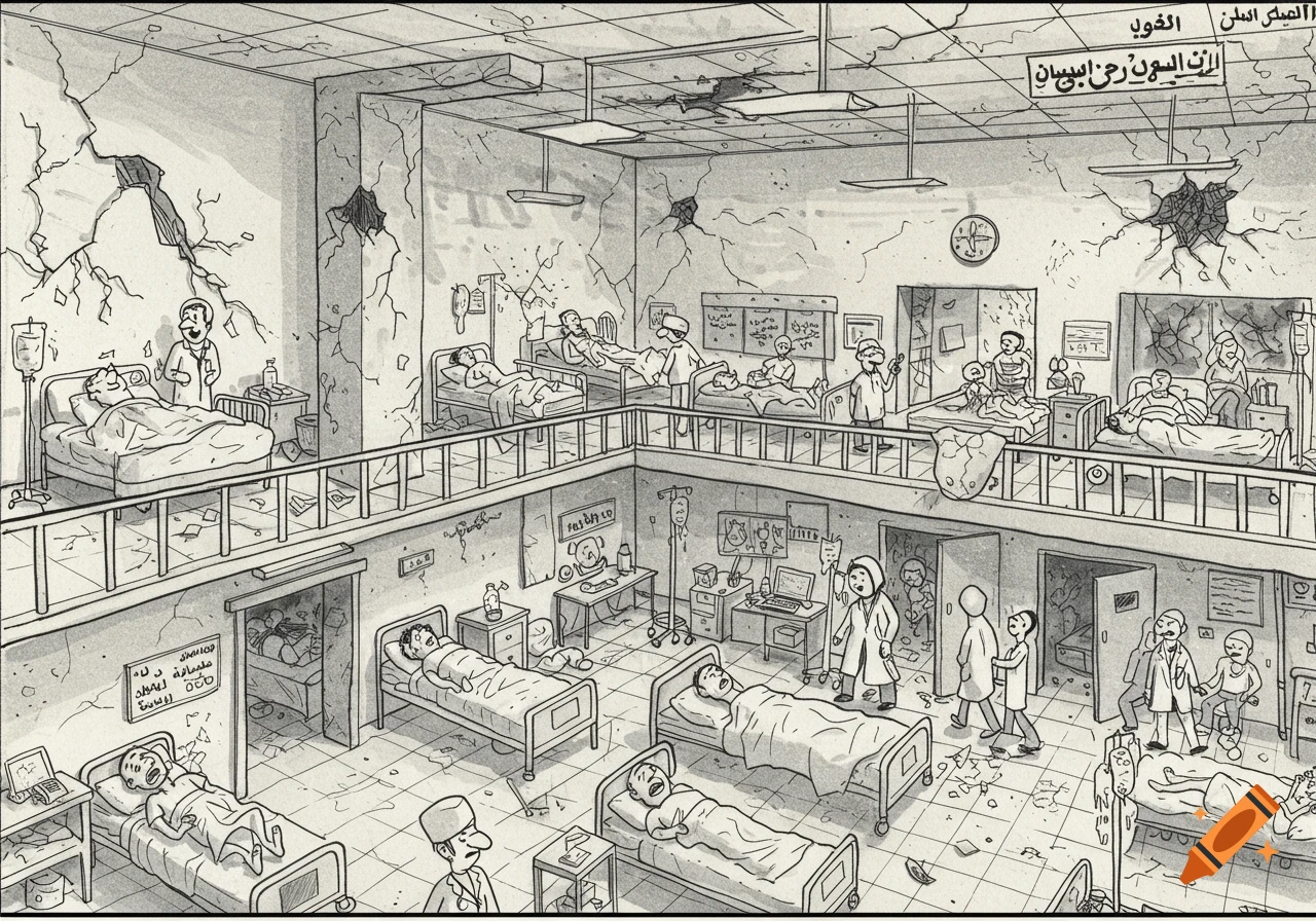 A crowded, damaged hospital ward in a black and white cartoon style ...