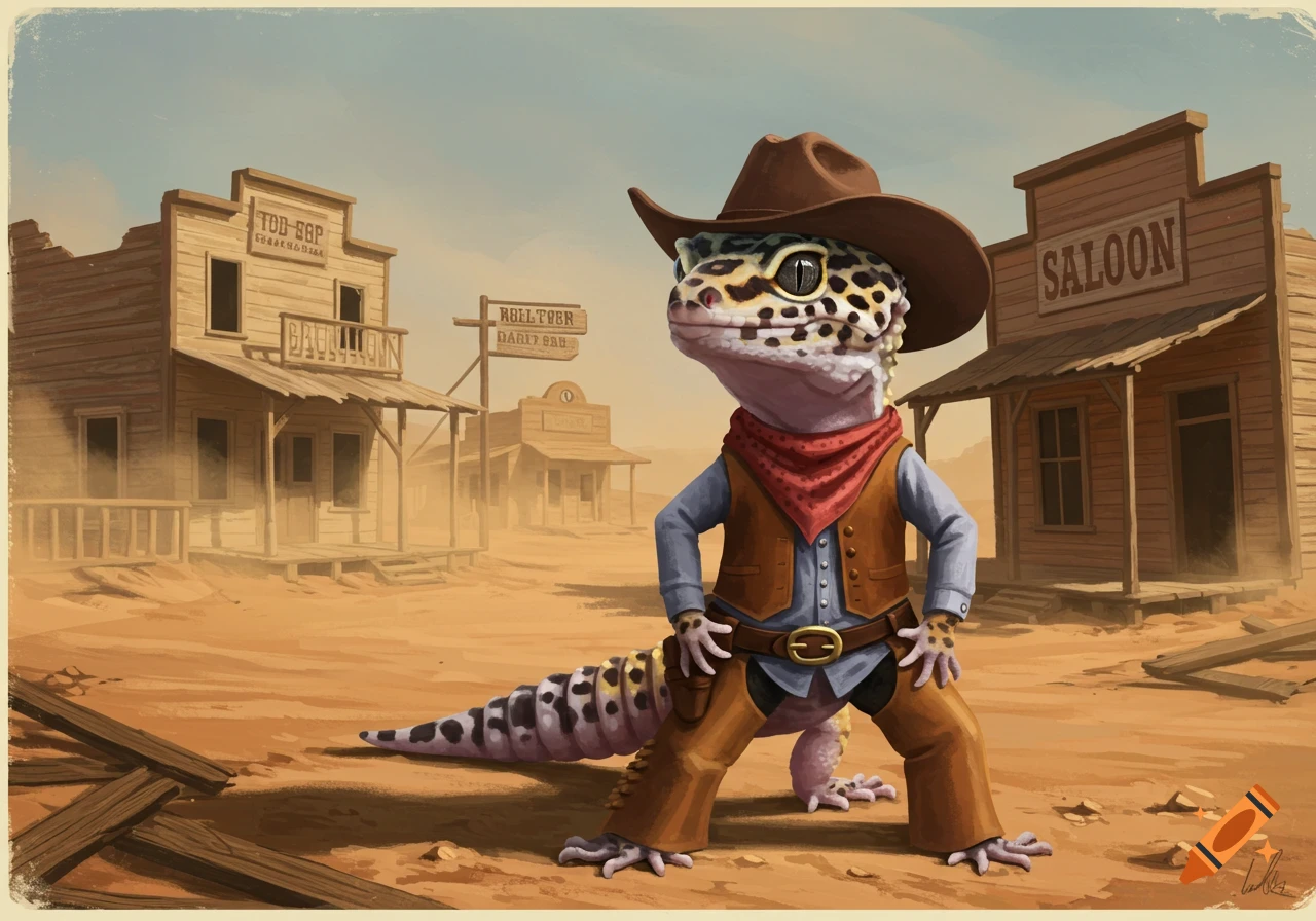 A leopard gecko dressed as a cowboy stands in a dusty western town. on ...