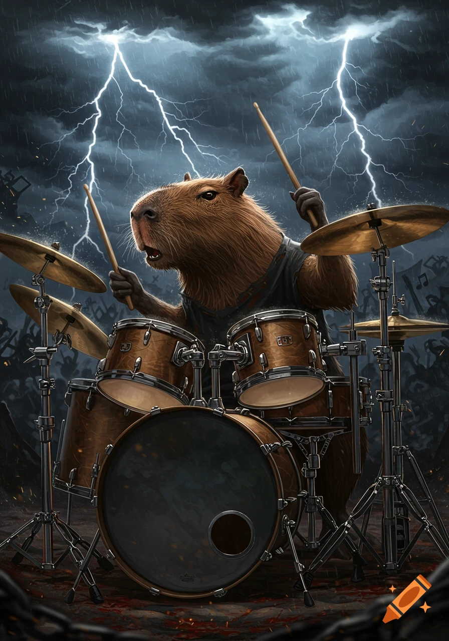 A capybara plays a drum set dramatically under lightning. on Craiyon