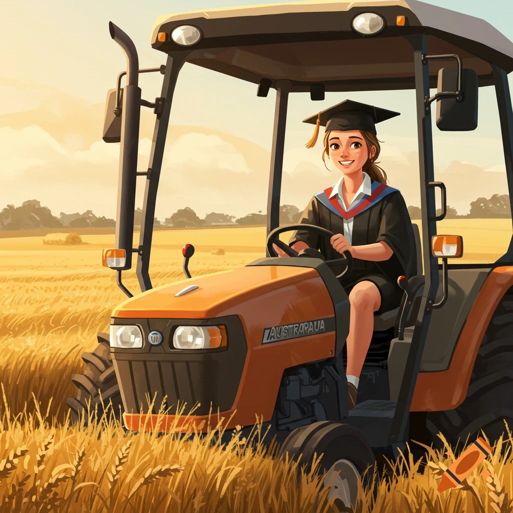 Young woman in graduation cap and gown drives a tractor in a sunny ...