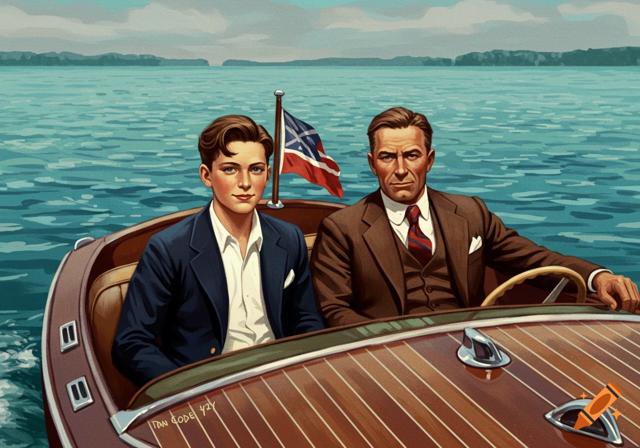 Two men in suits boating on a lake, illustration style on Craiyon