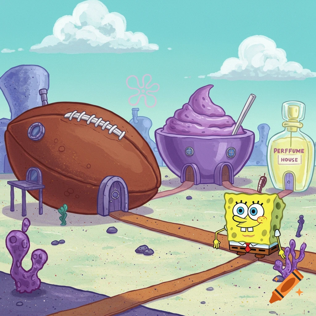 Spongebob stands on a path near three cartoon houses: one shaped like a ...