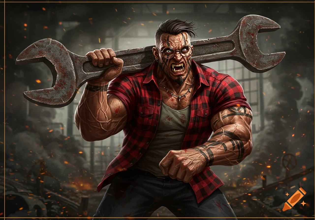 Extremely muscular man with sharp teeth, tribal tattoos, and flannel ...