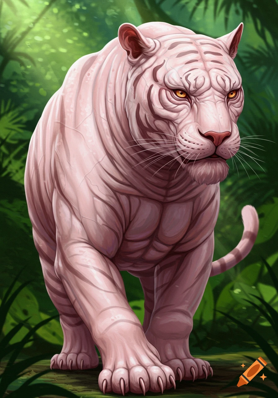 A pink hairless tiger stands in a jungle clearing. on Craiyon