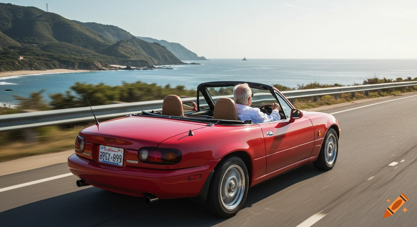 An old man drives a red Mazda Miata convertible down a coastal highway ...