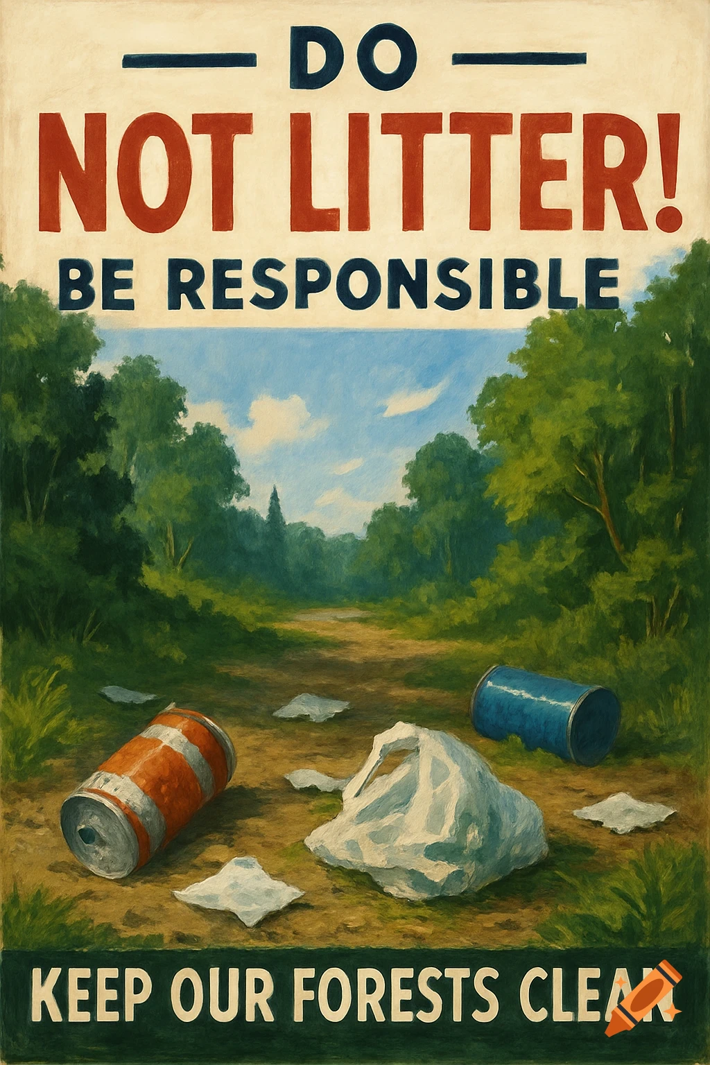 Anti-littering poster depicting a forest path covered in trash, with ...