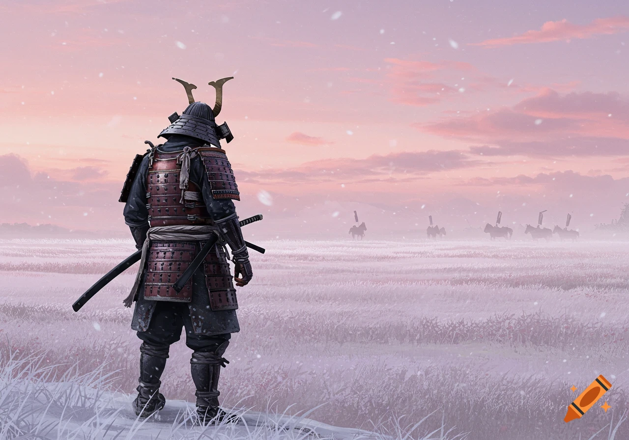 A samurai stands on a hill overlooking a snowy field with distant ...