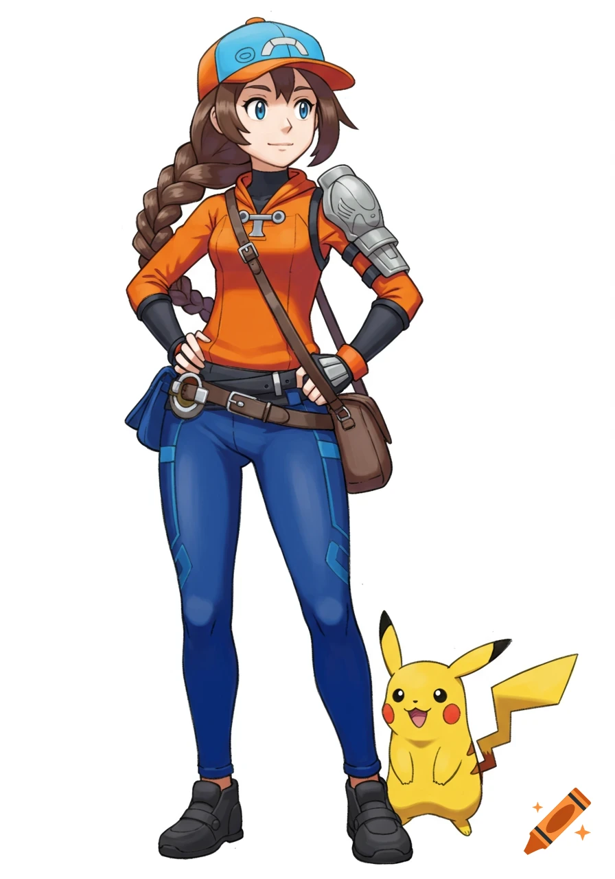 Anime illustration of a female Pokemon trainer with a braided ponytail ...
