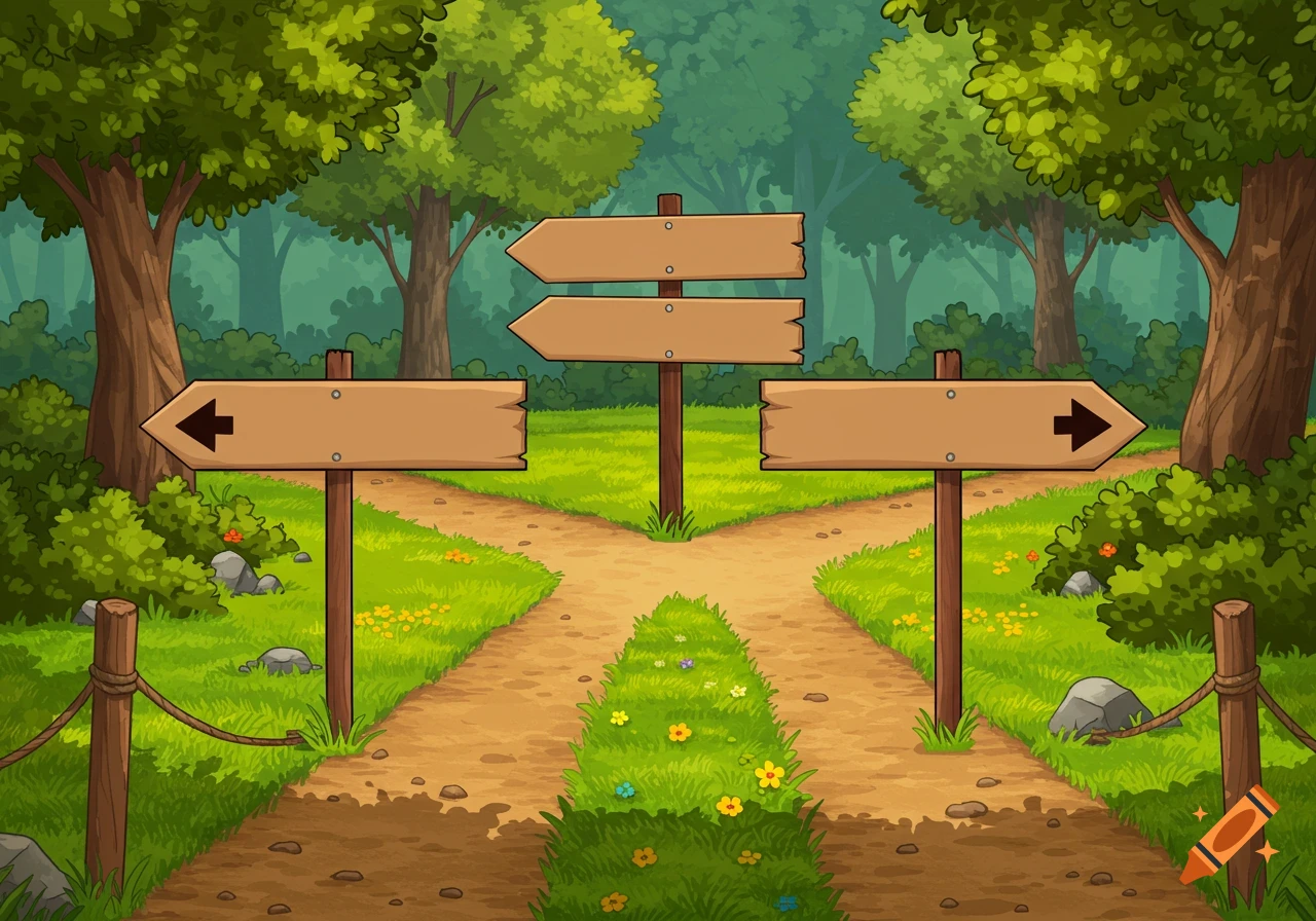 Cartoon style dirt path in a forest splitting into two directions, with ...