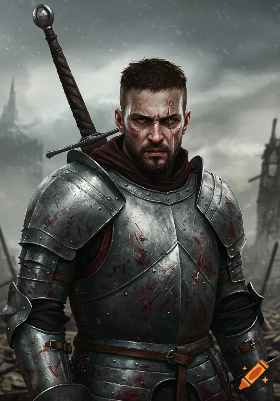A battle-scarred knight in weathered plate armor carries a sword over ...