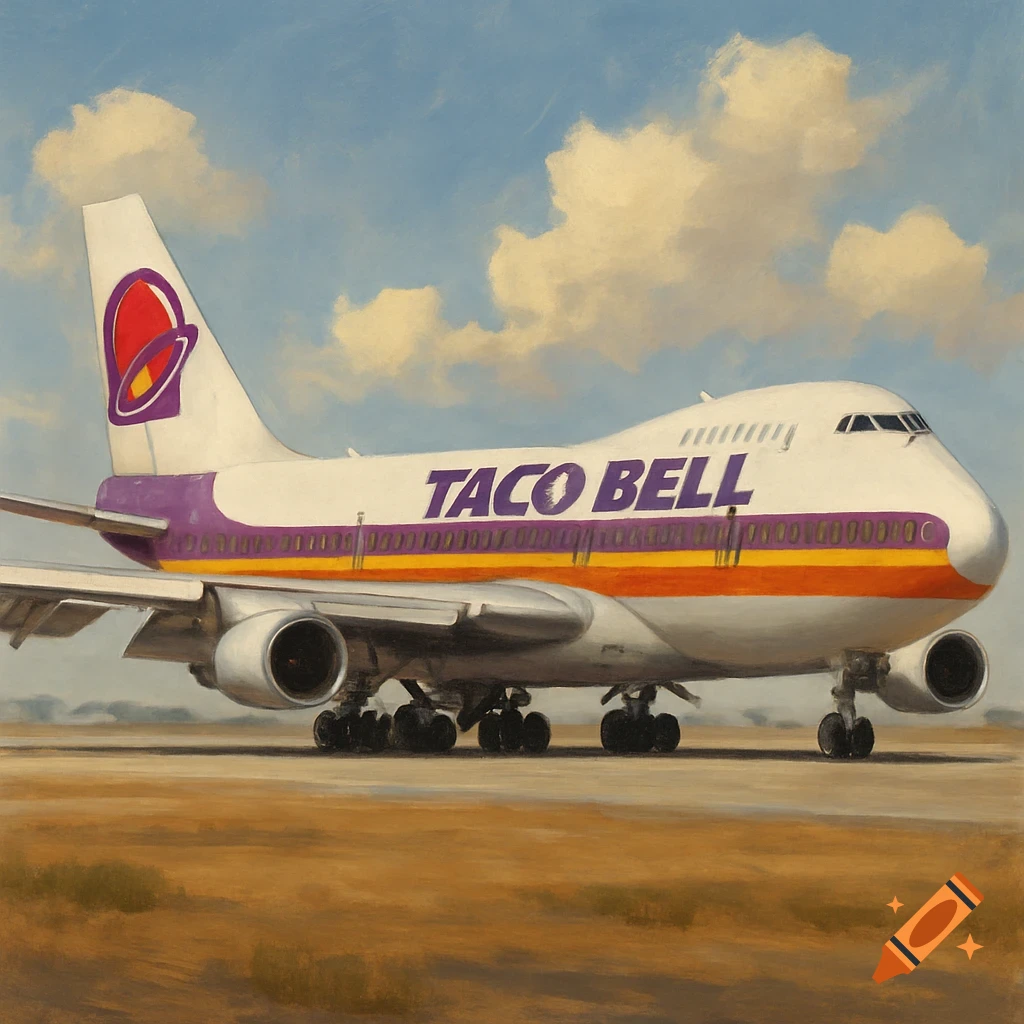 Painting of a Boeing 747 aircraft with Taco Bell livery on the ground on Craiyon