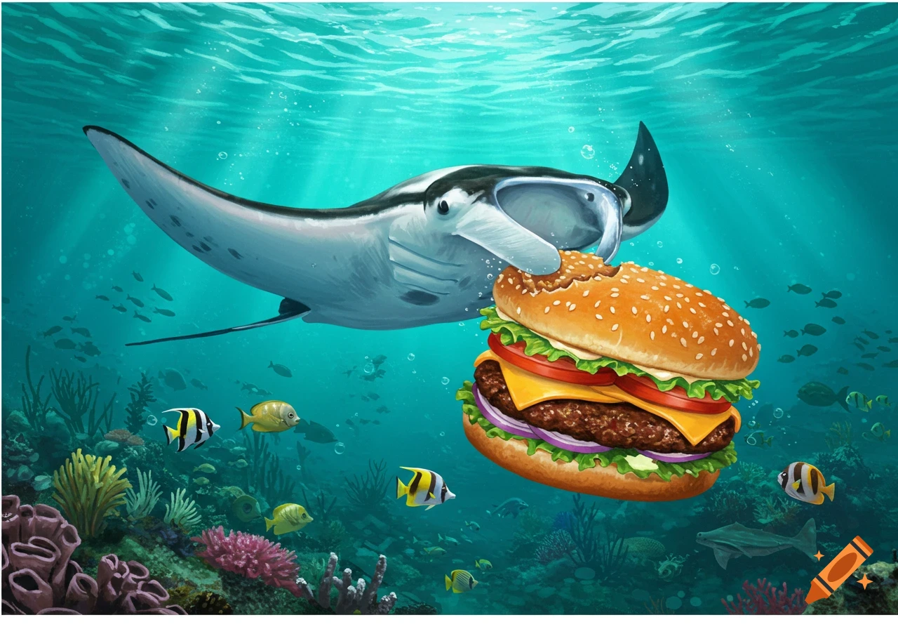 A manta ray eats a large burger underwater with coral and fish. on Craiyon