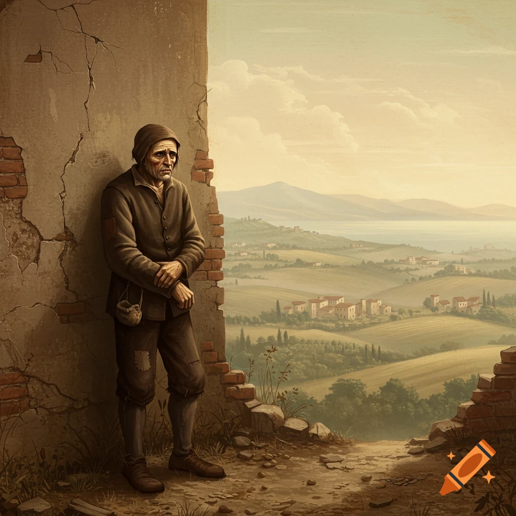 A man in rags leans against a ruined wall overlooking a rural landscape ...