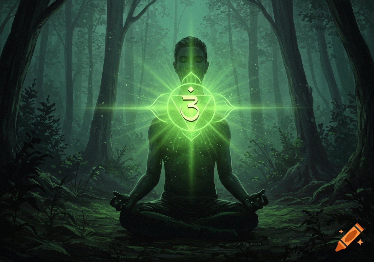 Person meditating in a forest with a glowing green heart chakra symbol ...