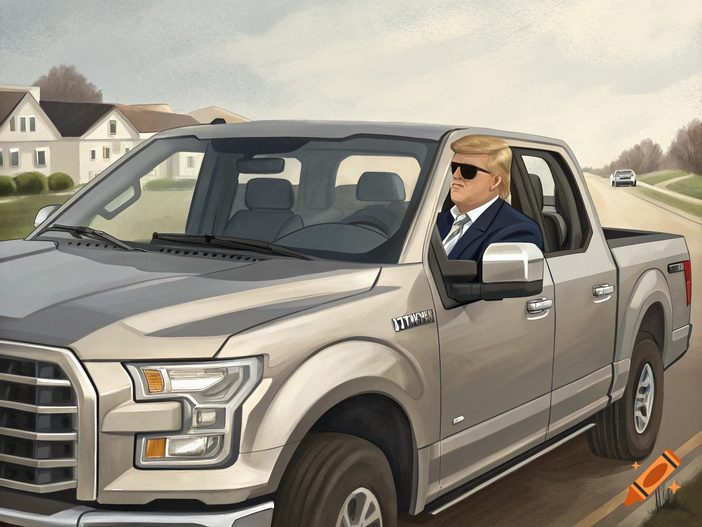 Illustration of Donald Trump driving a pickup truck on a road on Craiyon