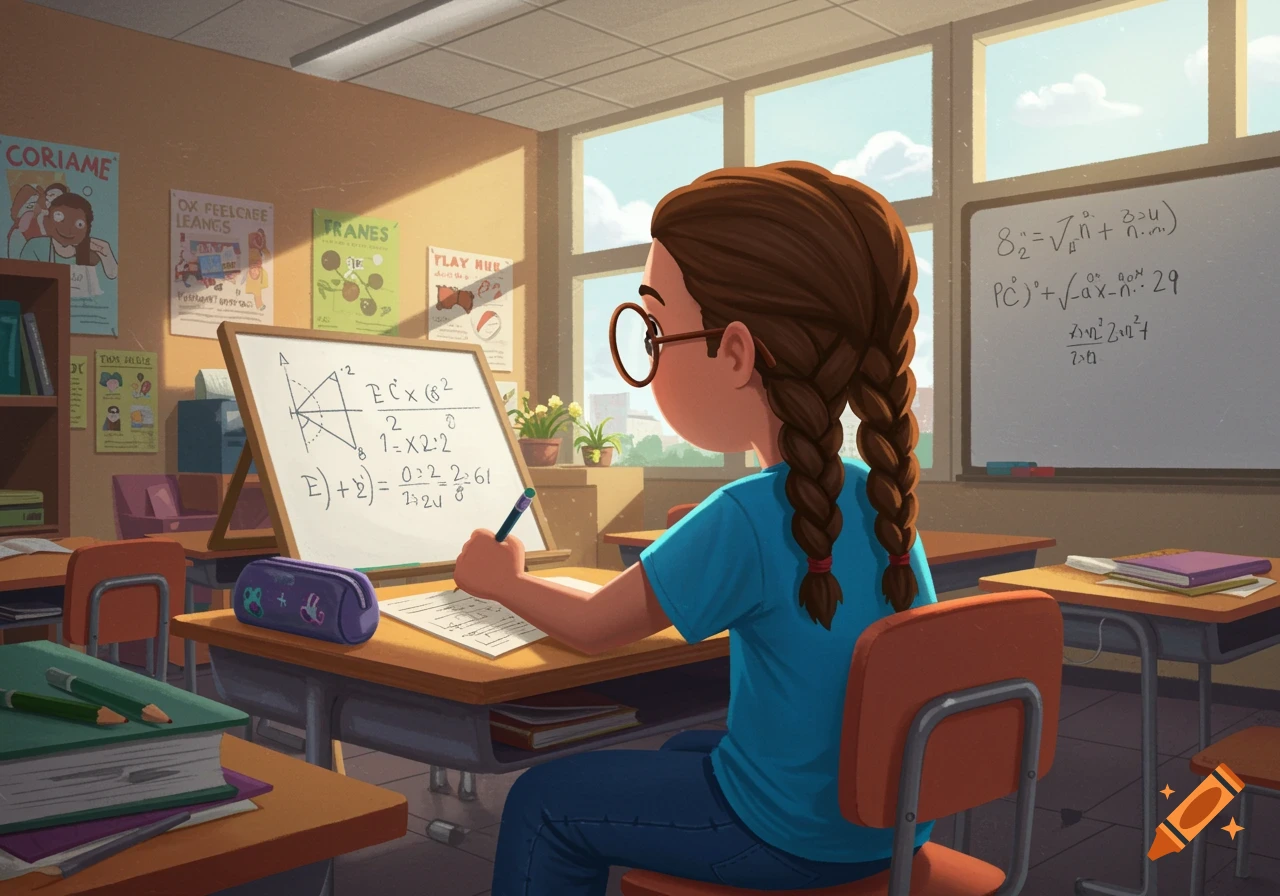 Cartoon illustration of a girl with braids and glasses doing math in a ...