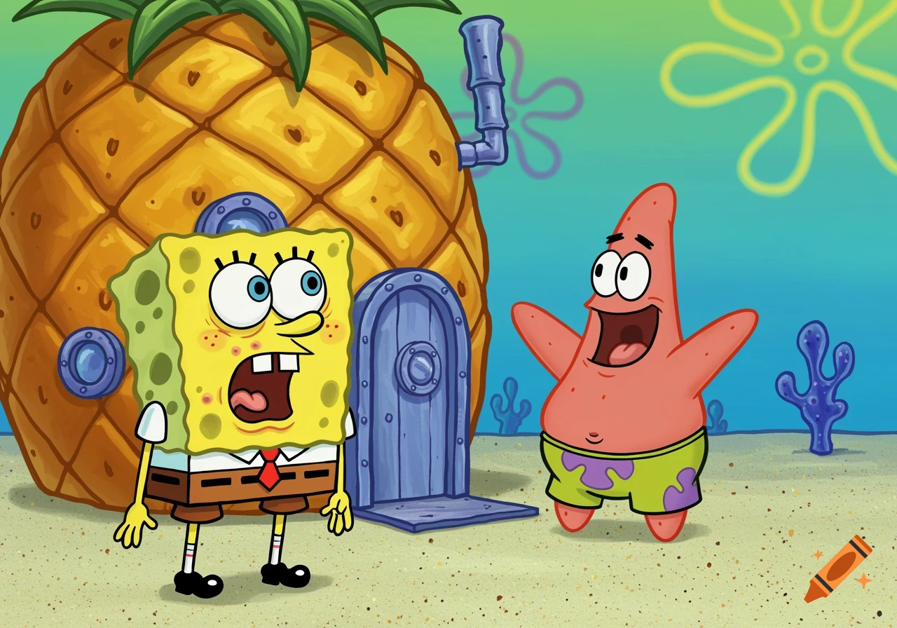 SpongeBob and Patrick Star stand outside the pineapple house in a cartoon style. on Craiyon