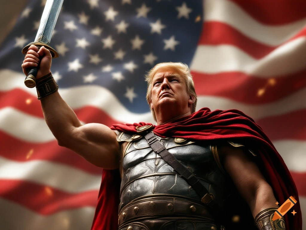 Donald Trump in Roman armor raising a sword before an American flag. on ...