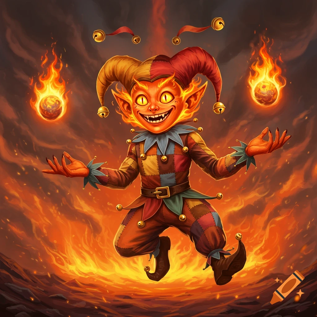 Fiery imp jester creature surrounded by fire. on Craiyon