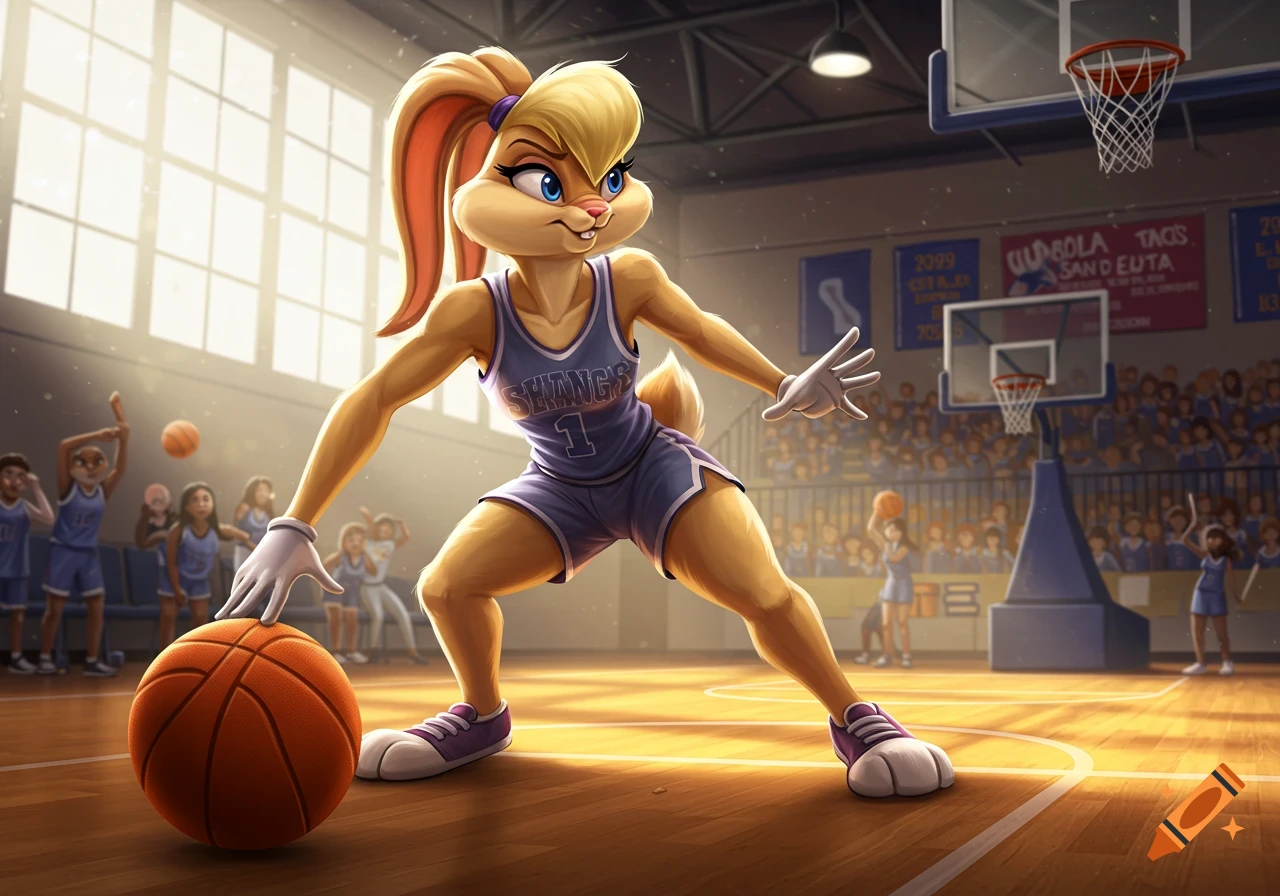 Cartoon rabbit character, Lola Bunny, dribbling a basketball on a court ...