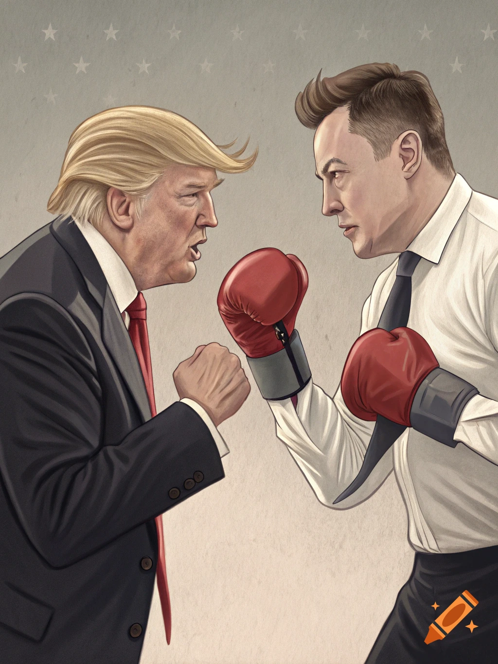 Donald Trump and Elon Musk face off in a boxing match. on Craiyon
