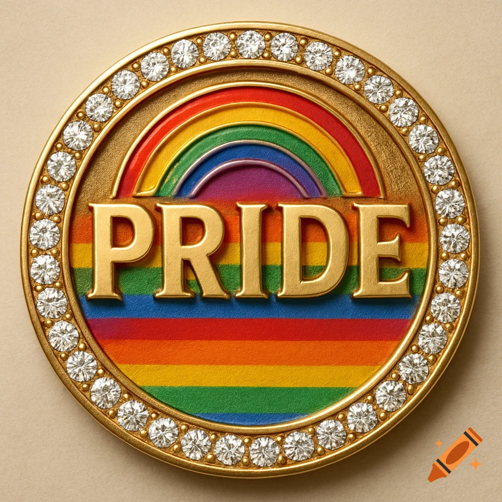 A round gold medal with a rainbow, diamonds, and the word PRIDE on Craiyon