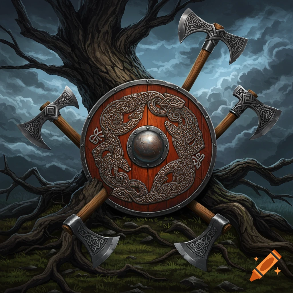 A circular Norse shield with intricate knotwork and crossed axes ...