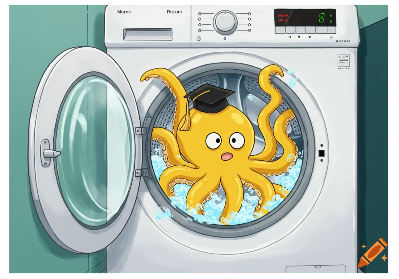 Cartoon illustration of a yellow octopus with a graduation cap in a ...