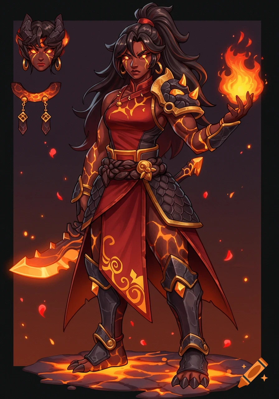 Illustration of a fantasy female warrior with molten skin patterns, red ...