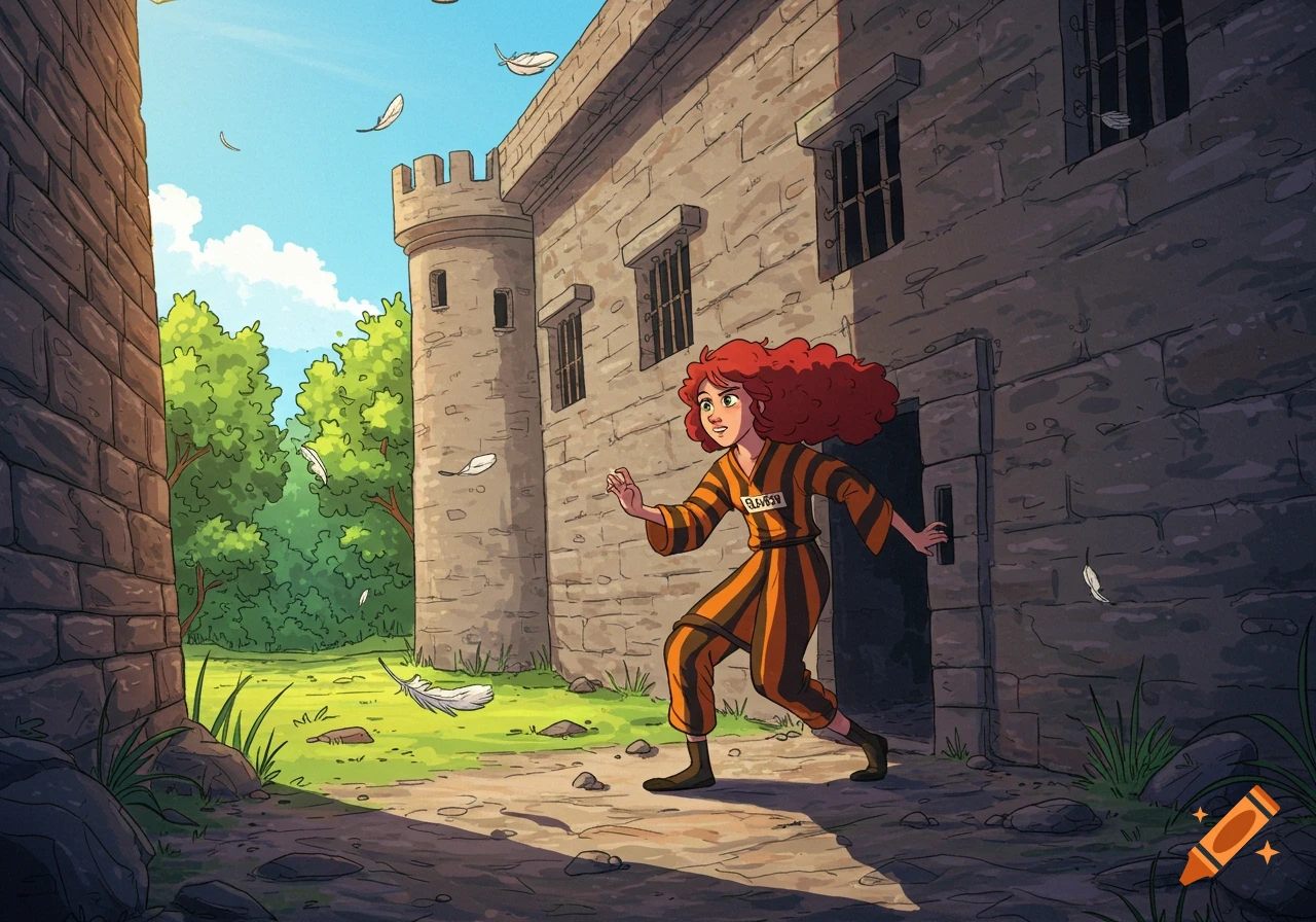 Cartoon drawing of a woman in a striped prisoner uniform running past a ...