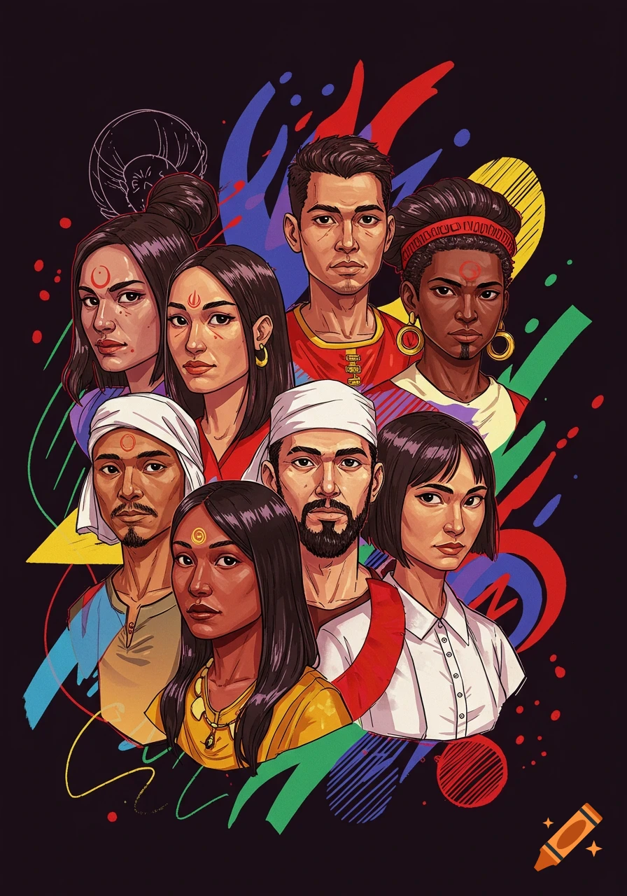 Illustrative portraits of diverse individuals against a backdrop of ...
