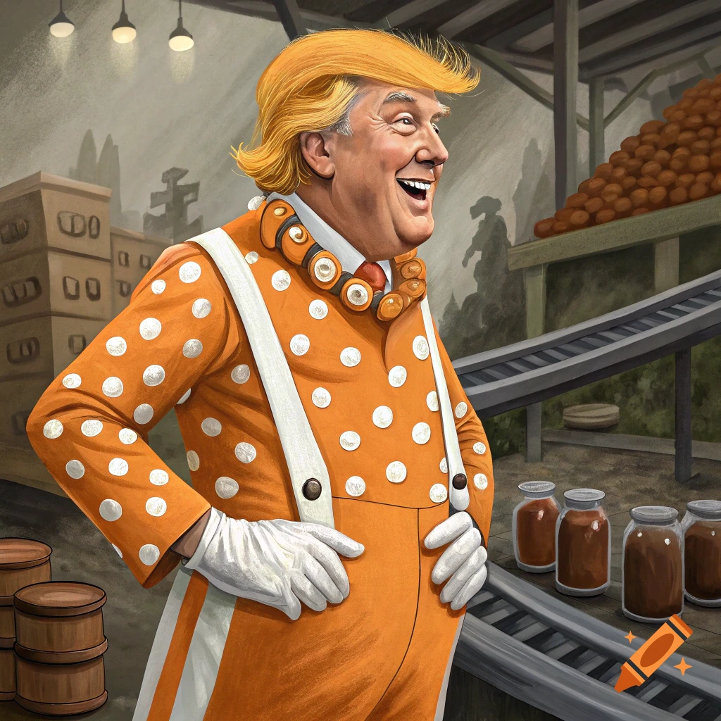 Man resembling Donald Trump in orange polka-dot Oompa Loompa costume in ...