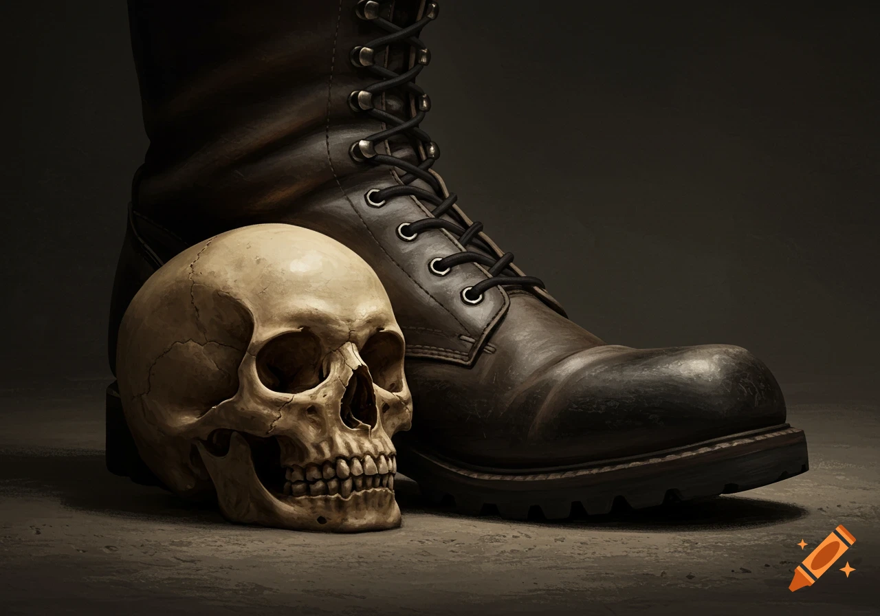 A human skull rests on the ground next to a large, dark leather boot ...