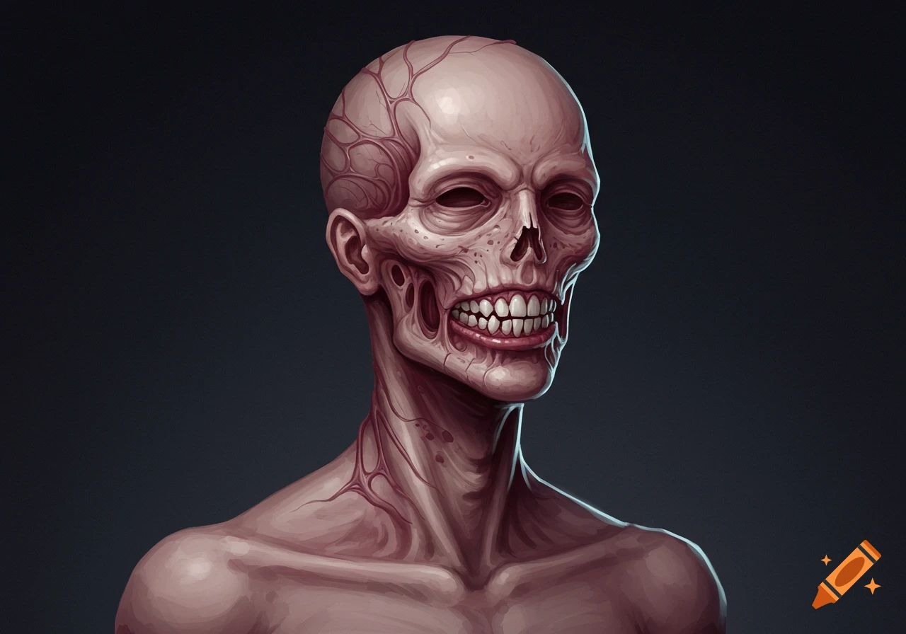 Bust of a skinless humanoid creature with veins and large teeth against ...