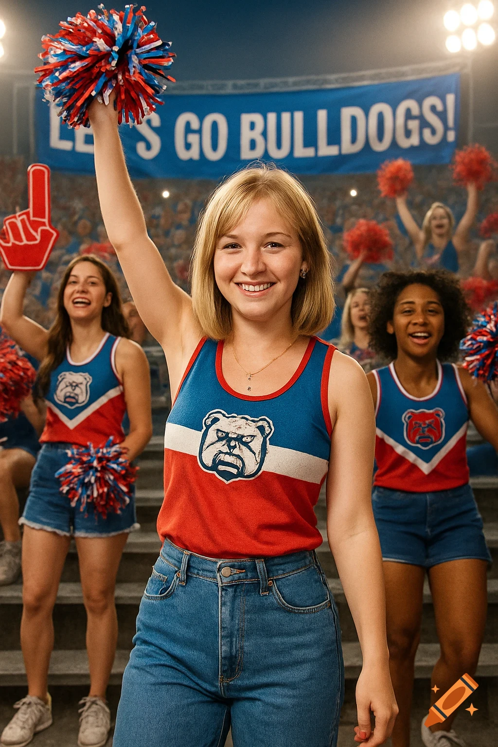 Cheerleaders cheering in a stadium under a banner. on Craiyon