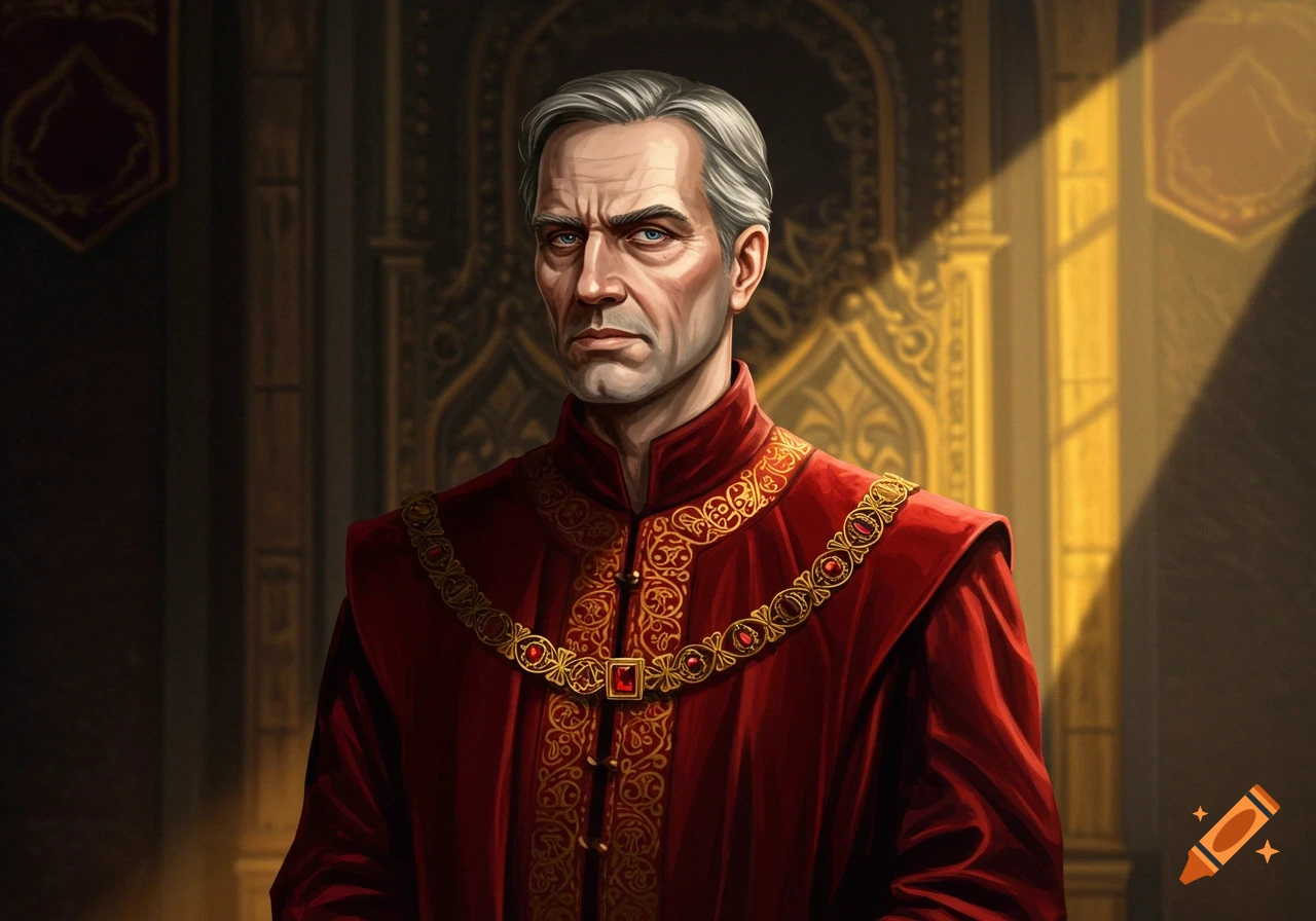 Portrait of an older man in red royal robes and gold chain in a grand ...