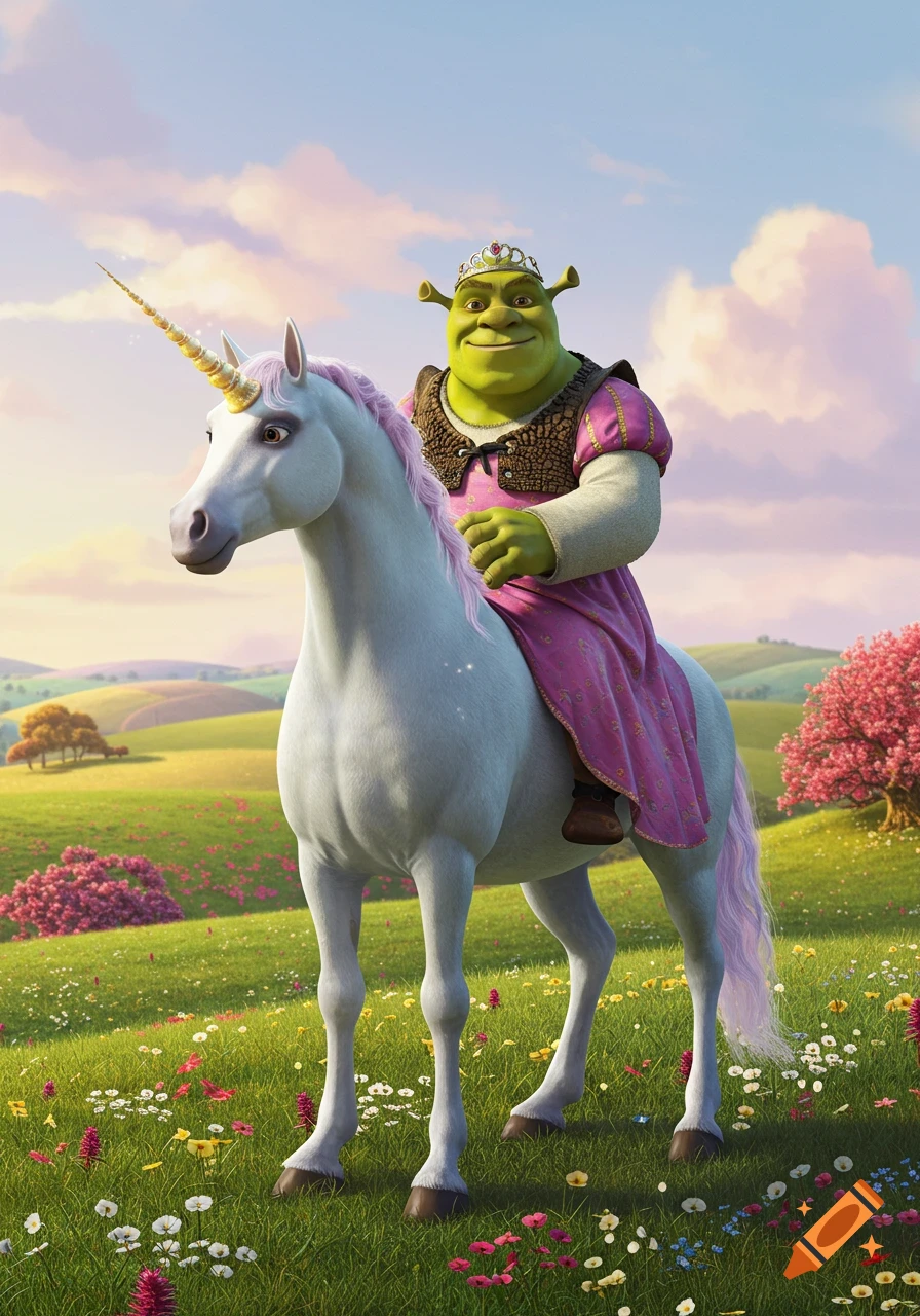 Shrek in a pink princess dress and crown riding a unicorn in a sunny field. on Craiyon