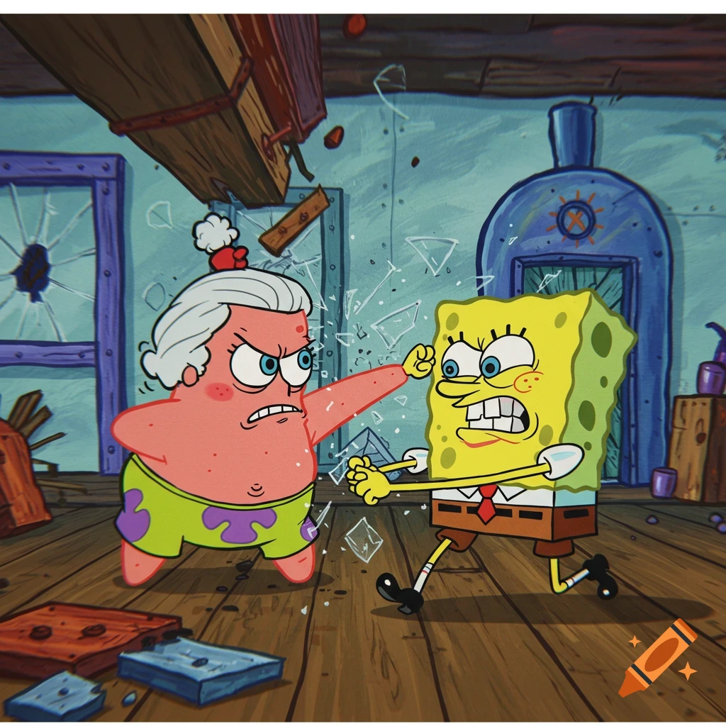 SpongeBob and Patrick dressed as an old woman fighting in a destroyed room, cartoon style. on ...