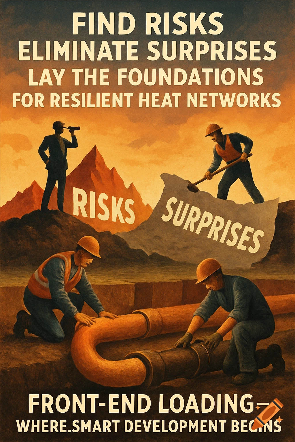 Retro poster with construction workers and text 'Find Risks Eliminate ...